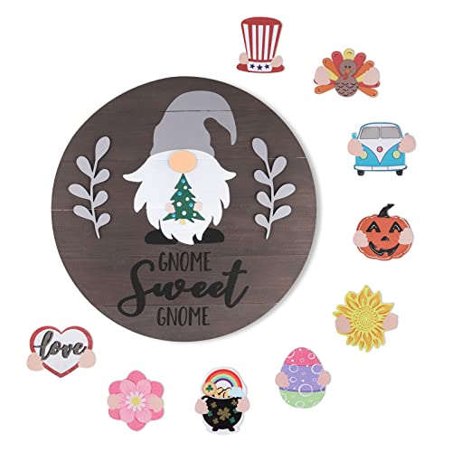 WONDER GARDEN Interchangeable Welcome Home Sign - Seasonal Front Porch Door Decor With 10 Changeable Seasonal Icons for Easter/Halloween/Christmas/Independence Day, Gnome Yard Porch Sign Best House Warming Gifts