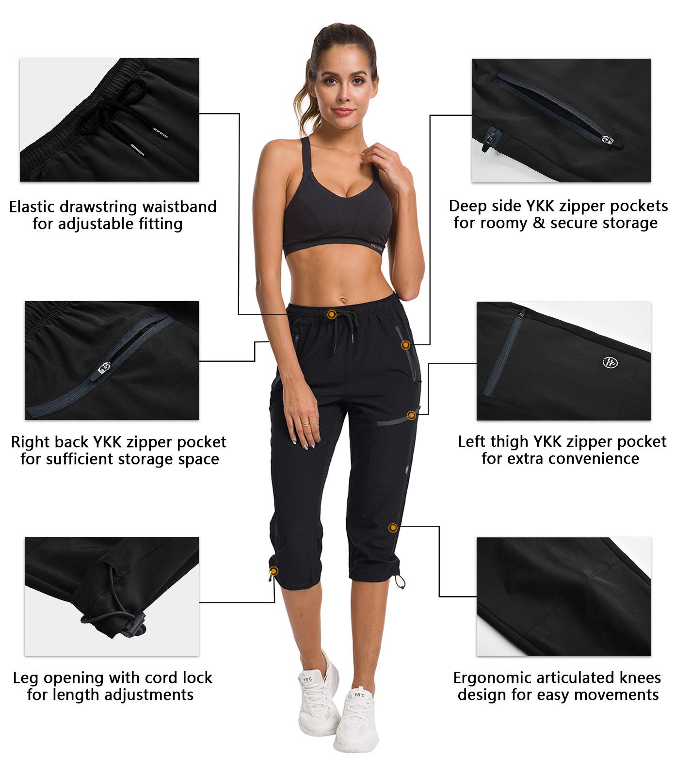 ChinFun Women's Hiking Capris Pants Outdoor Quick Dry Cargo Cropped Pants Water Resistant UPF 50+ Black XL