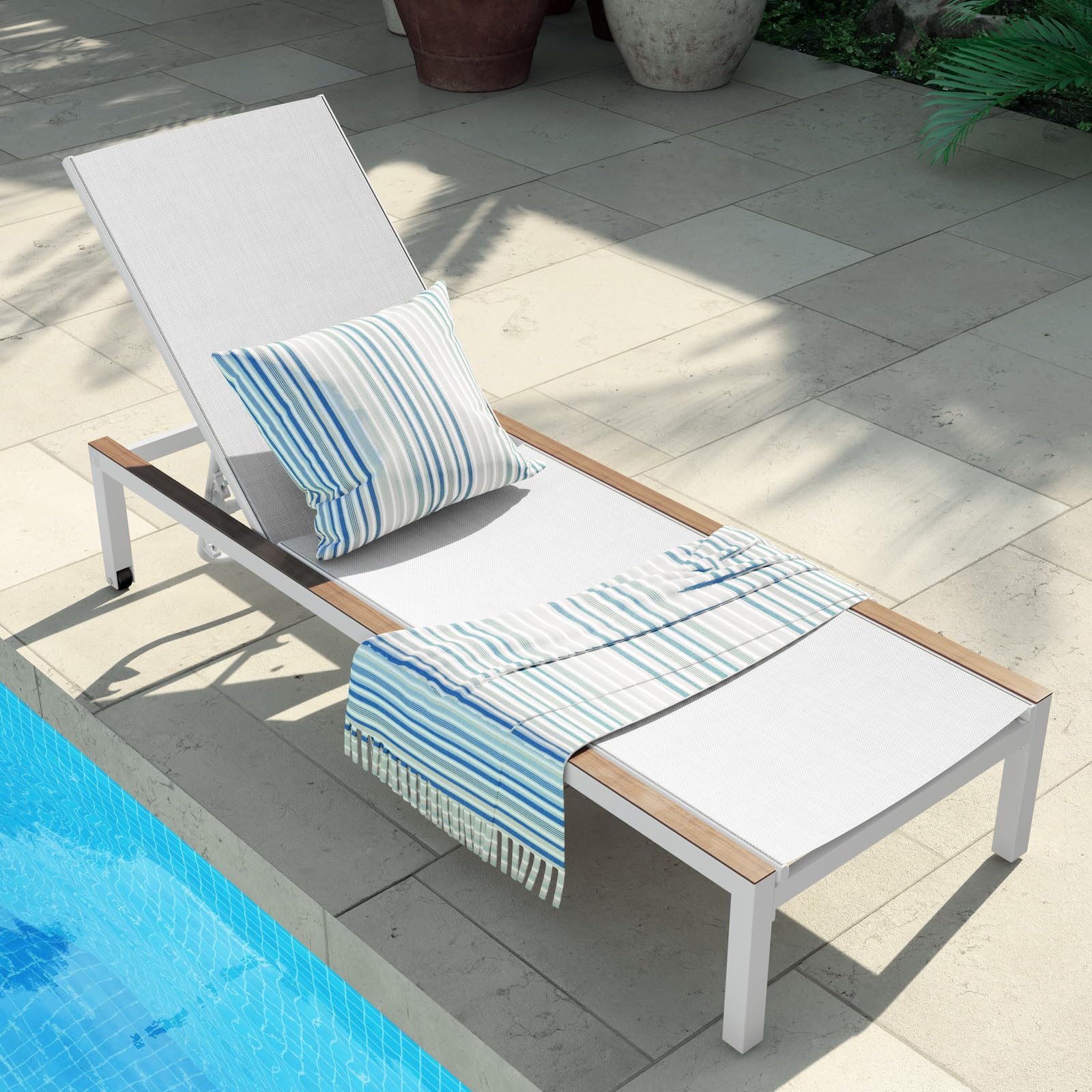 Grand patio Outdoor Chaise Lounge Set of 2 Mesh Sling Lounge Chairs with Woodgrain Texture, Portable Wheels & 4 Adjustable Reclining Backrest Positions for Poolside Beach White 2PCS