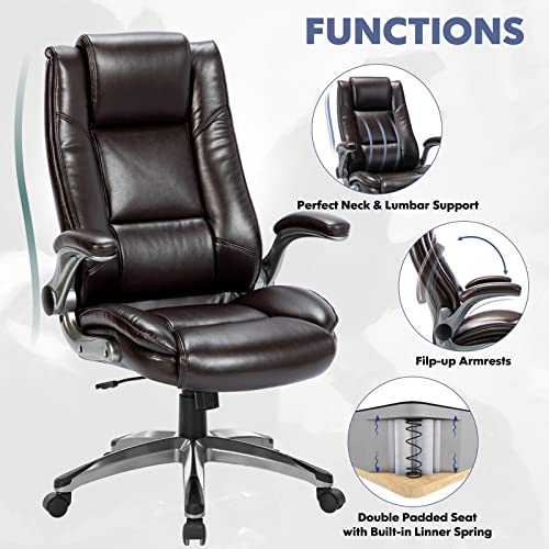 High Back Executive Office Chair-Ergonomic Bonded Leather Computer Chair with Flip-up Arms, Adjustable Tilt Tension, Padded Armrests, Swivel Rolling Home Office Desk Chair-Brown