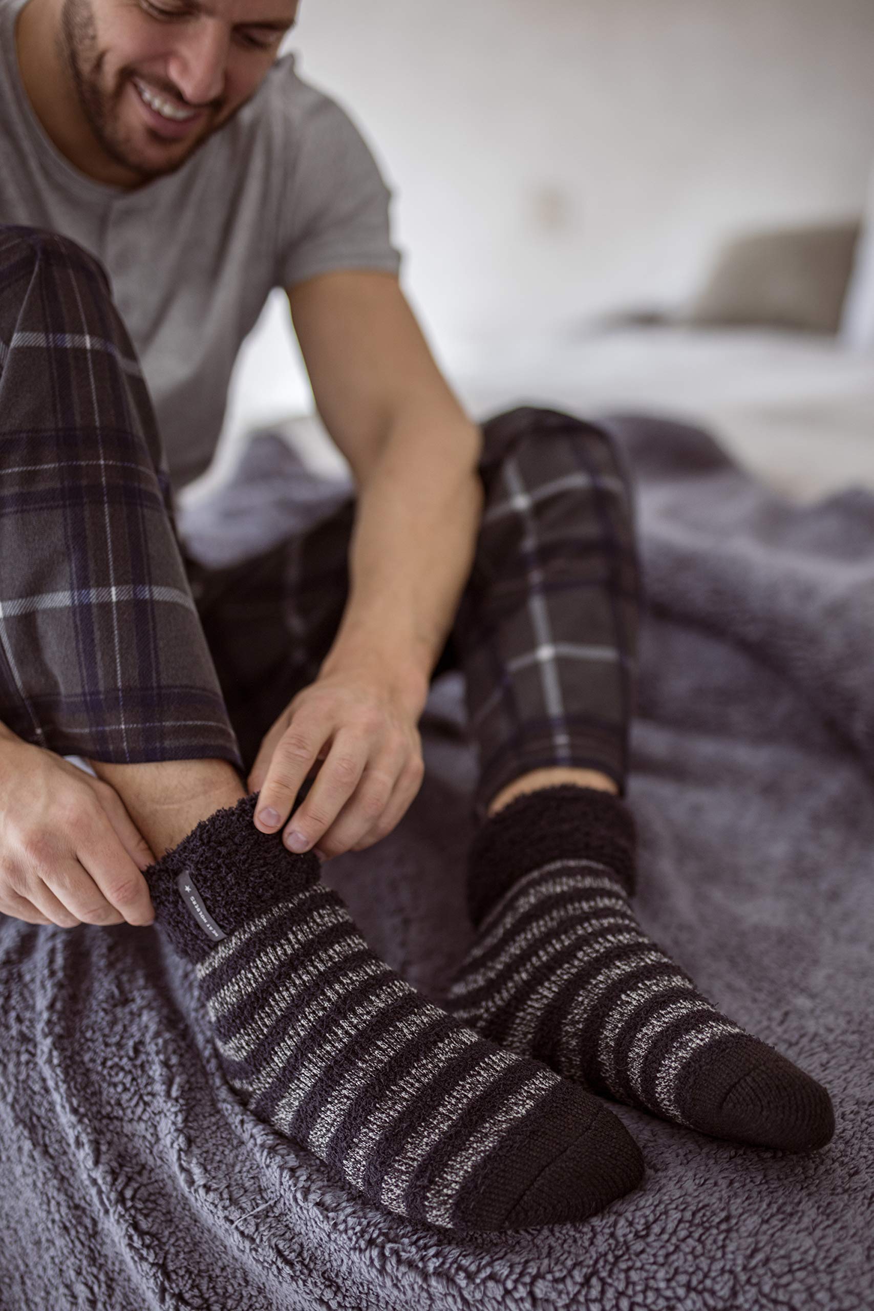 Heat Holders Mens Luxury Cozy Soft Fleece Lined Fluffy Bed Socks for Sleep (Charcoal Stripe (Olwen), 7-12)