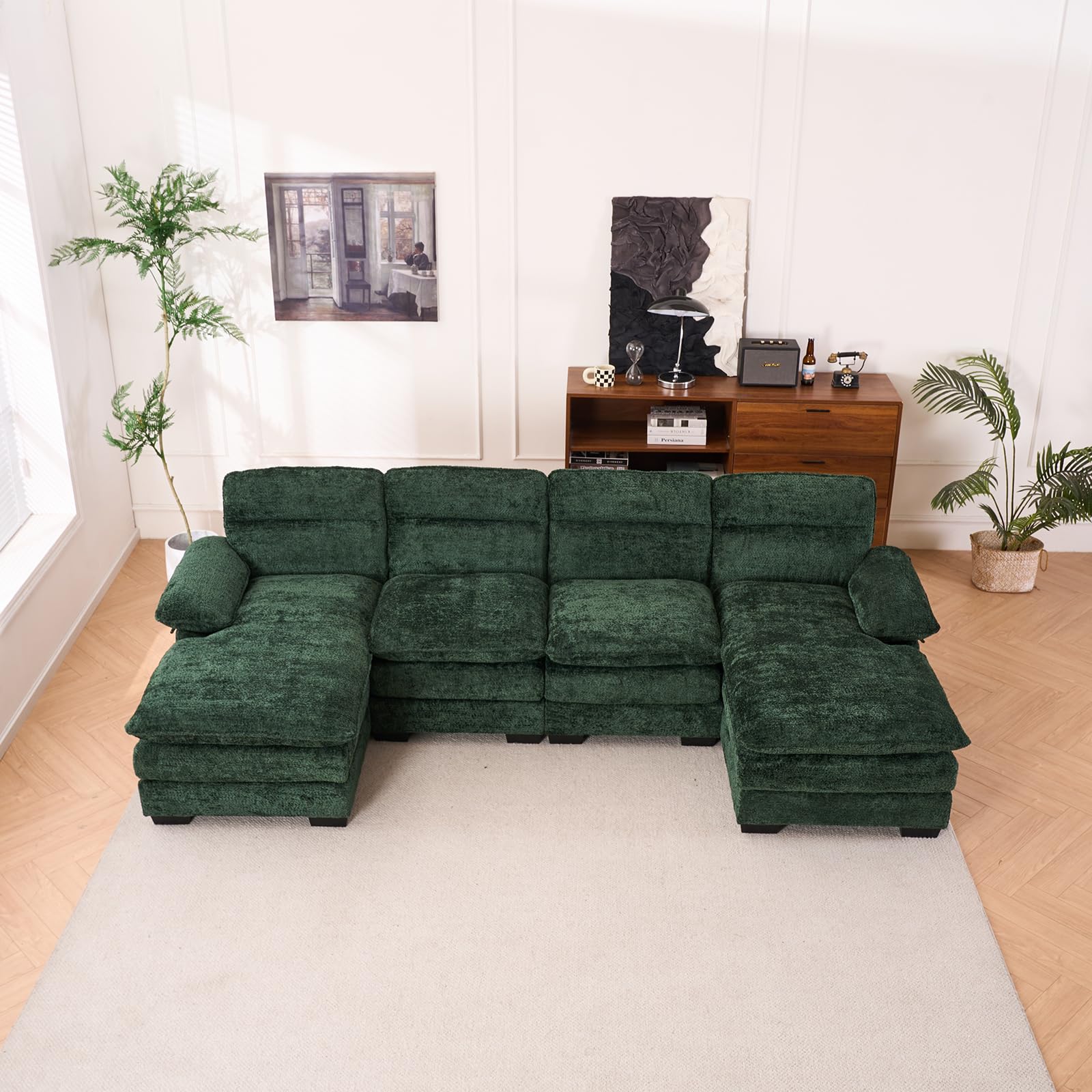 HANLIVES 111.8" U-Shaped Sofas for Living Room Apartment,Modern 4 Seats Sectional Sofa Couch with Double Chaise,Chenille Fabric Cloud Couches-Green