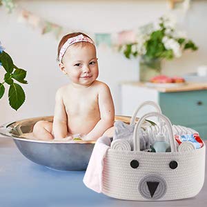 Conthfut Baby Diaper Caddy Organizer 100% Cotton Canvas Stylish Rope Nursery Storage Bin Portable Tote Bag & Car Organizer For Changing Table- Top Baby Shower Basket (White)