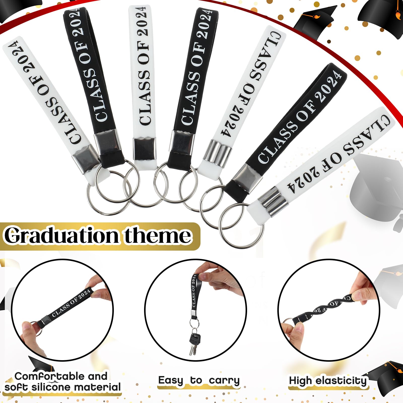 Ecation 50 Pcs Class of 2024 Graduation Keychains Silicone Rubber Keyring Graduation Party Favors Gifts for Student School (White, Black)