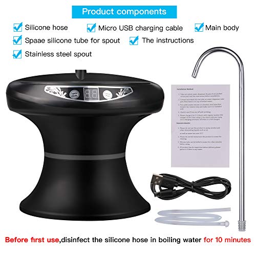 Drinking Water Dispenser Pump with Tray, Maypott Automatic Quantitative Water Pump for 1-5 Gallon Bottle Water Jugs, USB Rechargeable BPA-Free, Portable for Home Kitchen, Outdoor Camping (Black)