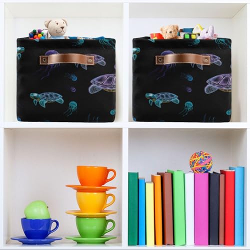 Cute Turtles Jelly Fish Storage Basket Bins Collapsible Toy Storage Bins with Handles Laundry Baskets for Living Room Clothes Nursery Closet Shelf Playroom,2 pcs