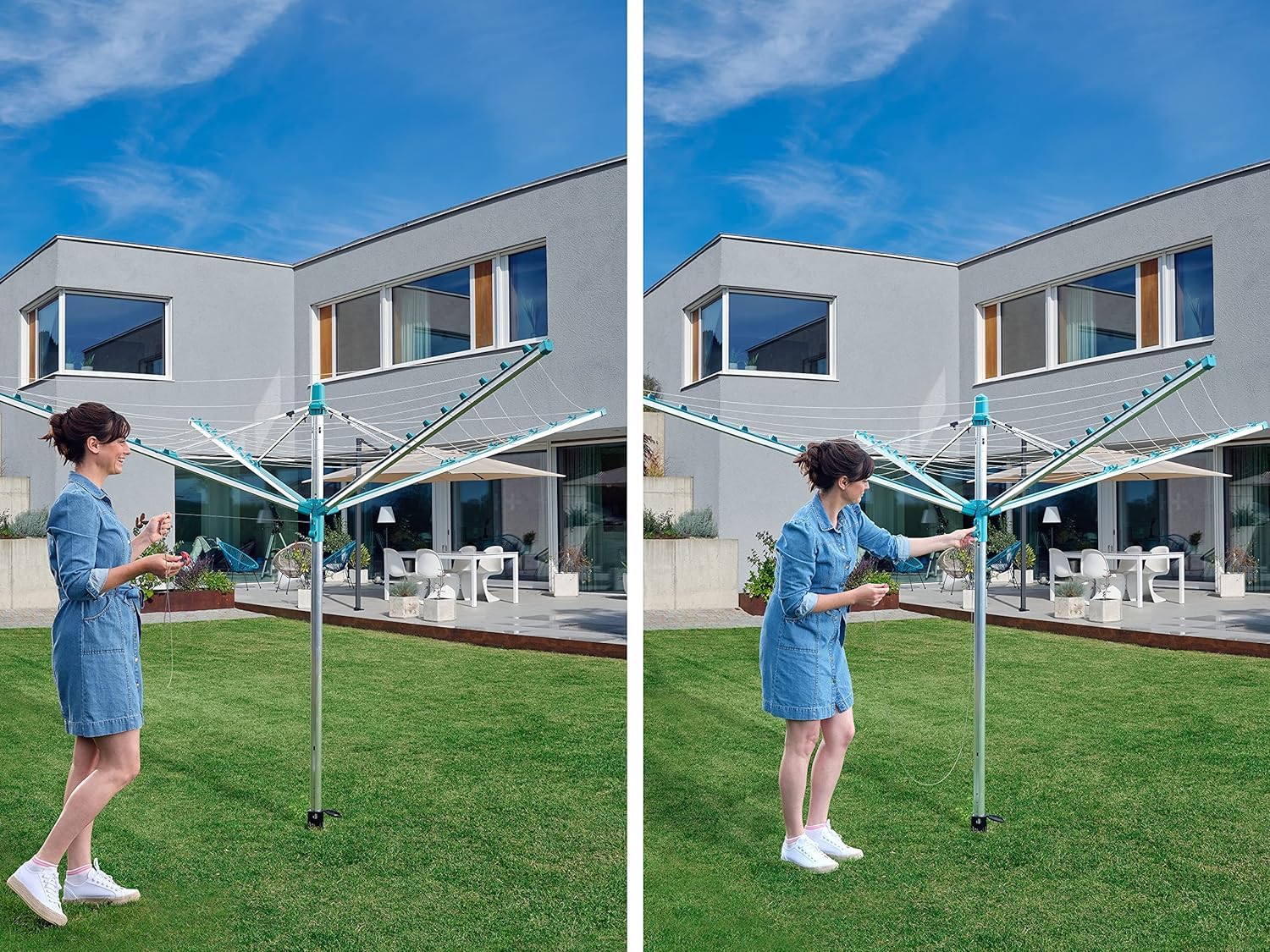 Leifheit Linomatic 500 Easy Dryer 50m Retract to Stay Clean, All Rust-Free Aluminium, 3.28m Turning Diameter, Longest Length 2.03m Pull-Open, Rotary Clothes line Airer, Turquoise, Large