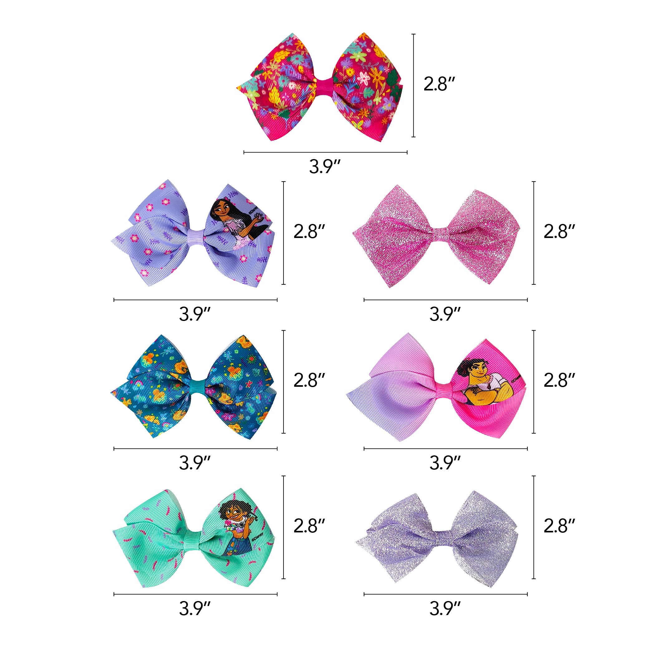 Disney Encanto Bow Bundle 7 Pcs 4 Inch Bundle - Hair Bows for Girls - Different Encanto Image on Each Clip - Alligator Clip - Ages 3+ Hair Accessories Bows for Girls