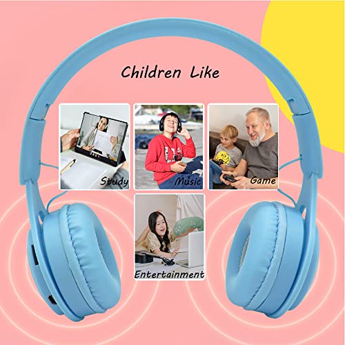 Kids Bluetooth Headphones, On-Ear Wireless Bluetooth 5.0 Headsets, Comfortable Protein Earpad & Folding Storage, Stereo Shock Bass Headphones with Mic for Learning Online Lessons Music Game (Blue)