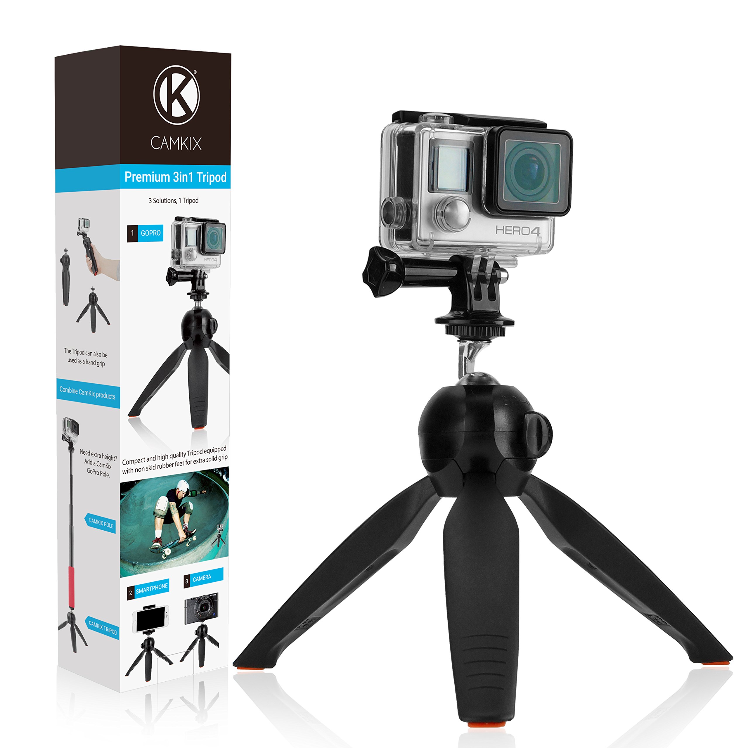 CamKix Premium 3in1 Tripod Base & Hand Stabilizer Grip Compatible with GoPro Hero 8 Black, 7, 6, 5, Black, Session, Hero 4, Session, Black, Silver, Hero+ LCD, 3+, 3, DJI Osmo Action Cams & Smartphone