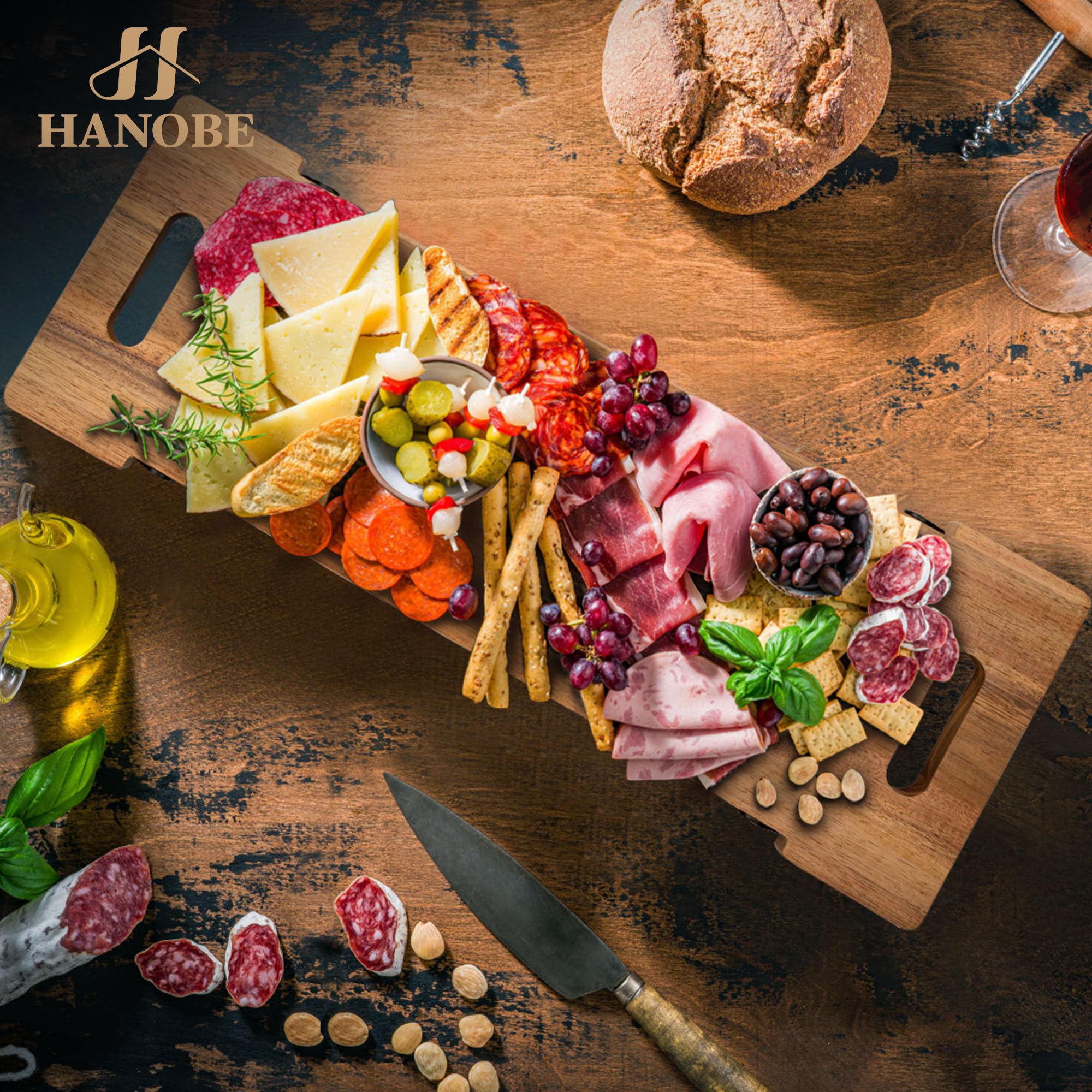 Hanobe Charcuterie Cheese Board Large: Long Acacia Serving Wooden Riser with Handles Folding Appetizer Boards Raised Wood Plank for Parties Buffet Food Display and Farmhouse Counter Decor