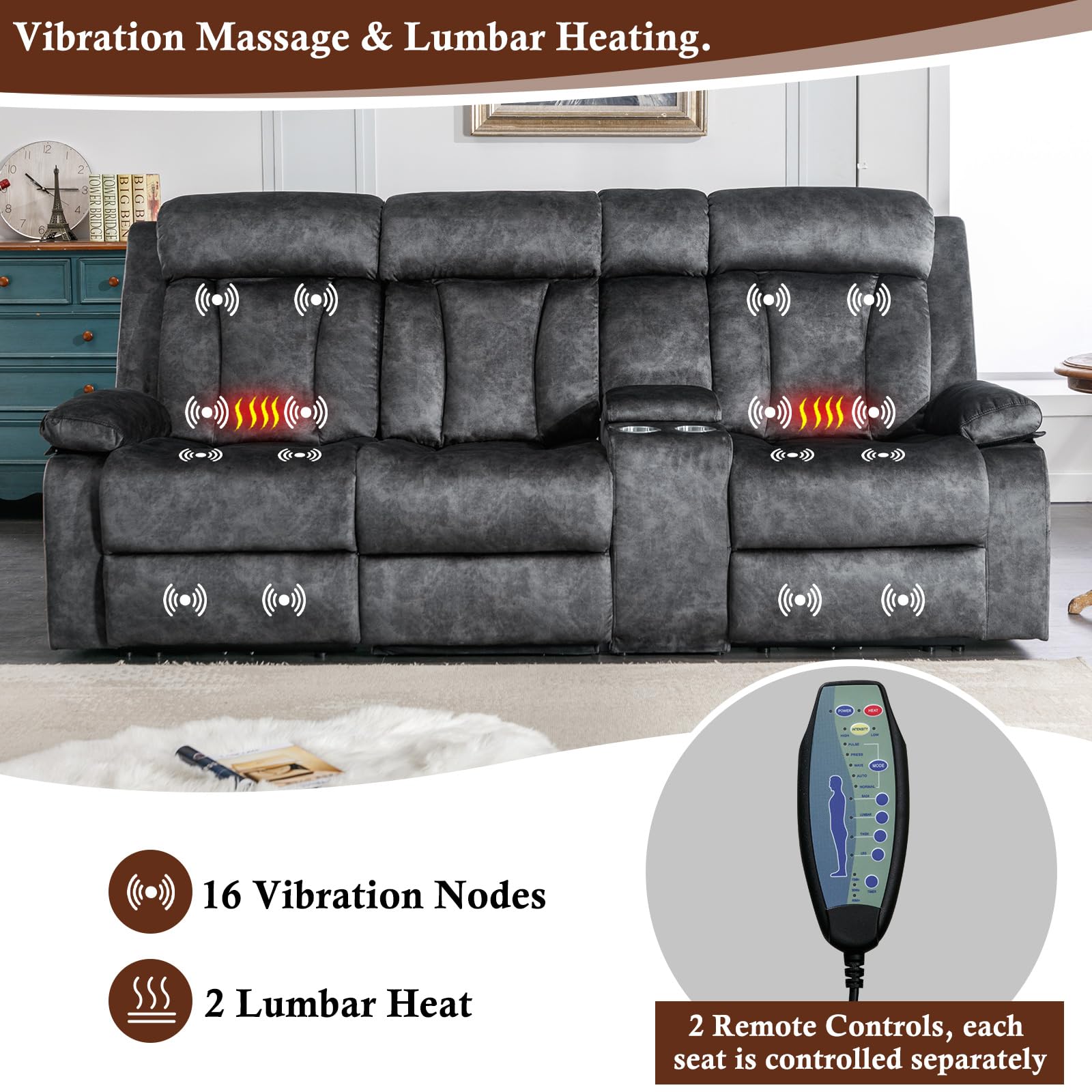 GUEAPY 3 Seater Recliner Sofa Reclining Loveseat with Console Power Reclining Sofa with Heat and Massage, Cup Holders, USB & Type-C Charge Ports for Living Room (Grey)