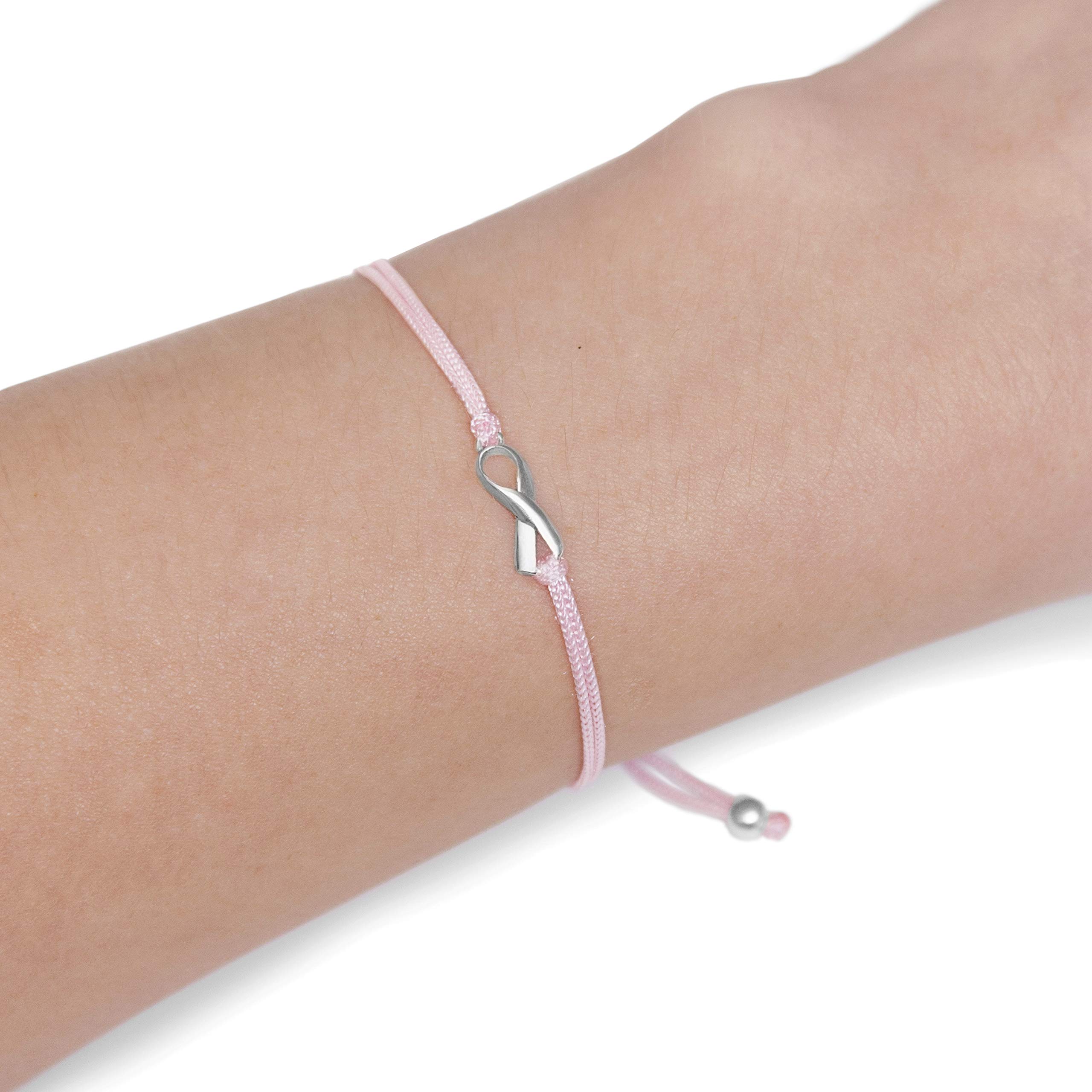 Claudia Lira Joyas Pink Breast Cancer Awareness Thread Friendship Support Bracelet, Small Handmade Sterling Silver Ribbon Shaped Charm, Adjustable Cord