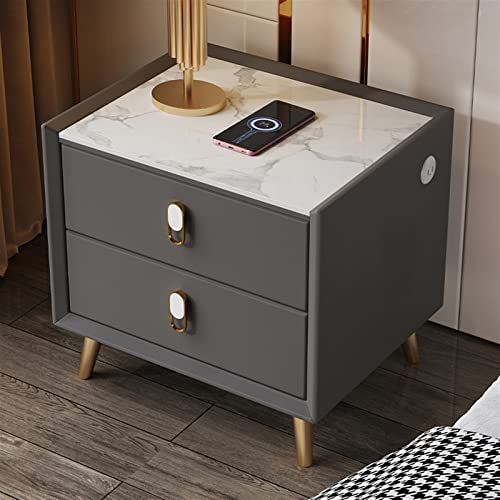 HIGOH Bedside Table Light Slate Smart Bedside Table Minimalist All Solid Wood Wireless Charging Fingerprint Lock Bluetooth Audio