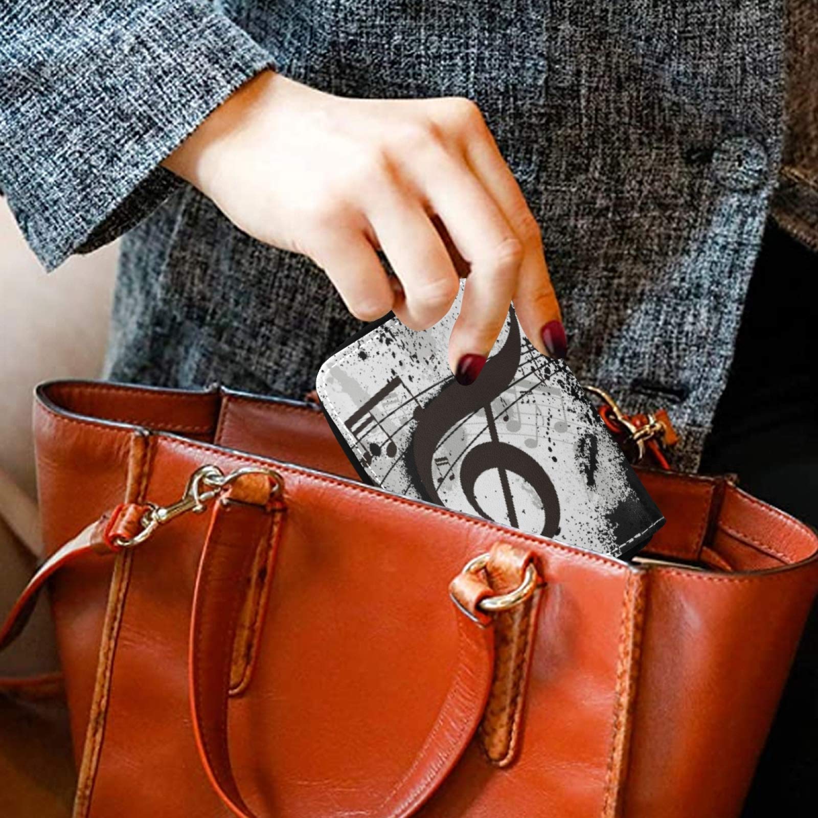 susiyo Black Background With Music Notes Credit Card Wallet, RFID Blocking Compact Women Leather Card Holder Zipper Purse