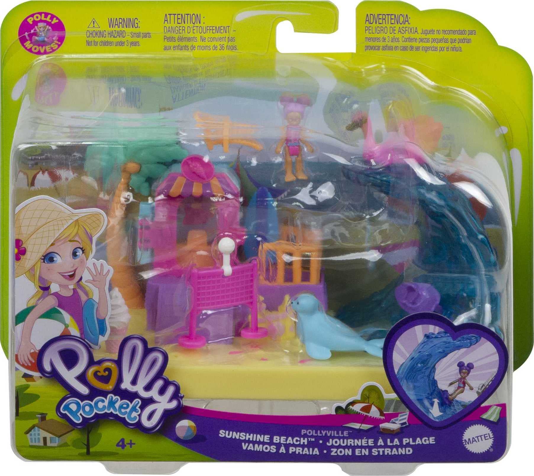 Polly Pocket Pollyville Playset, Sunshine Beach with Micro Doll, Seal Figure, Flamingo Toy Boat & Accessories
