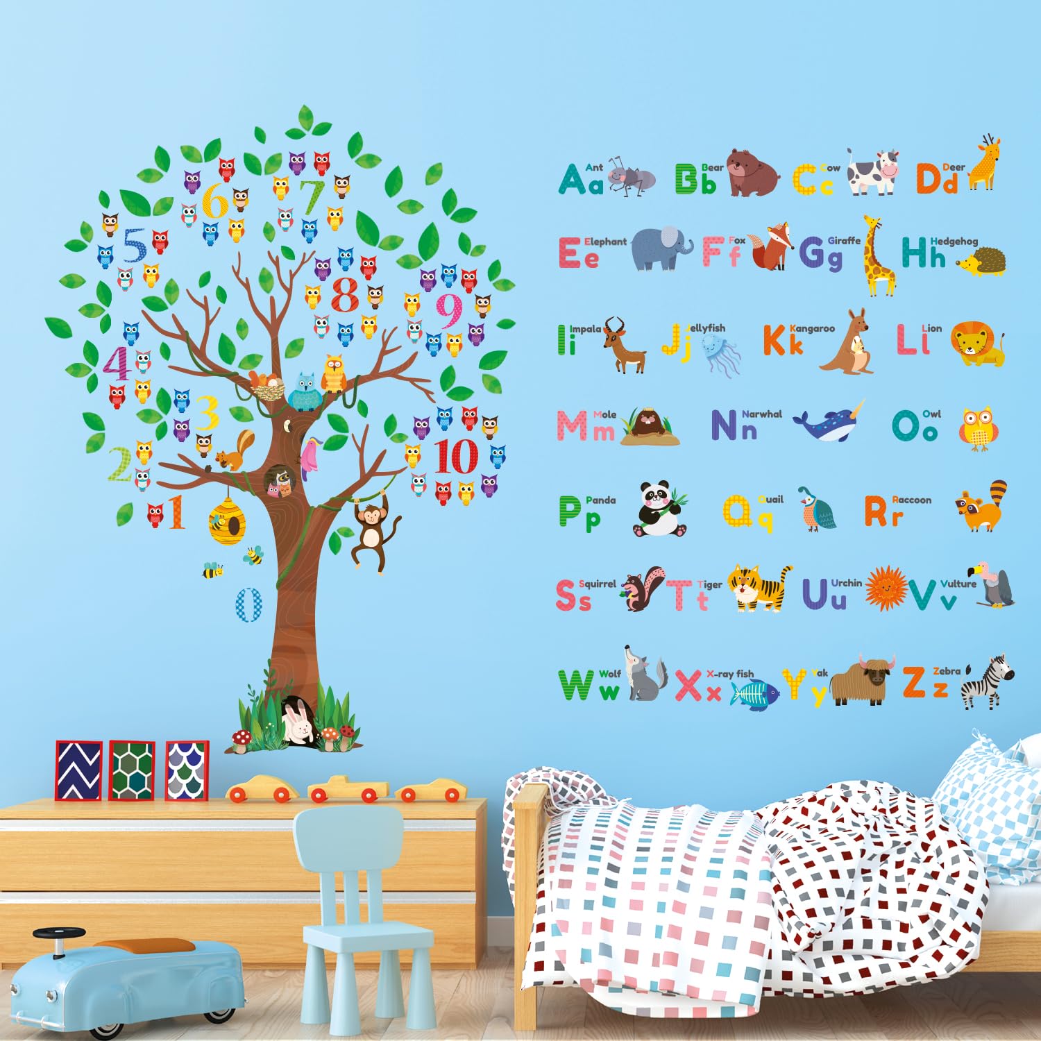 DECOWALL BS-113 Number Tree Alphabet Wall Stickers Kids Decals Nursery Bedroom Peel and Stick Removable Animal Living ABC Classroom