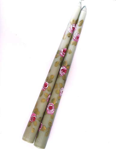 Dripless Unscented Olive Sage Green Romantic 10 Inch Long Taper Dinner Candles Set with Painted Pink Roses