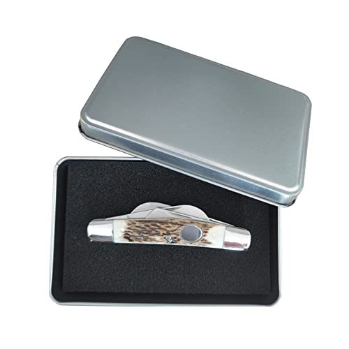 DIAMOON Small Folding Pocket Knife Tools 3.6β Medium Congress Classic Traditional Stag Handles with 4x 420 Stainless Blades, gift for dad, knife collectors