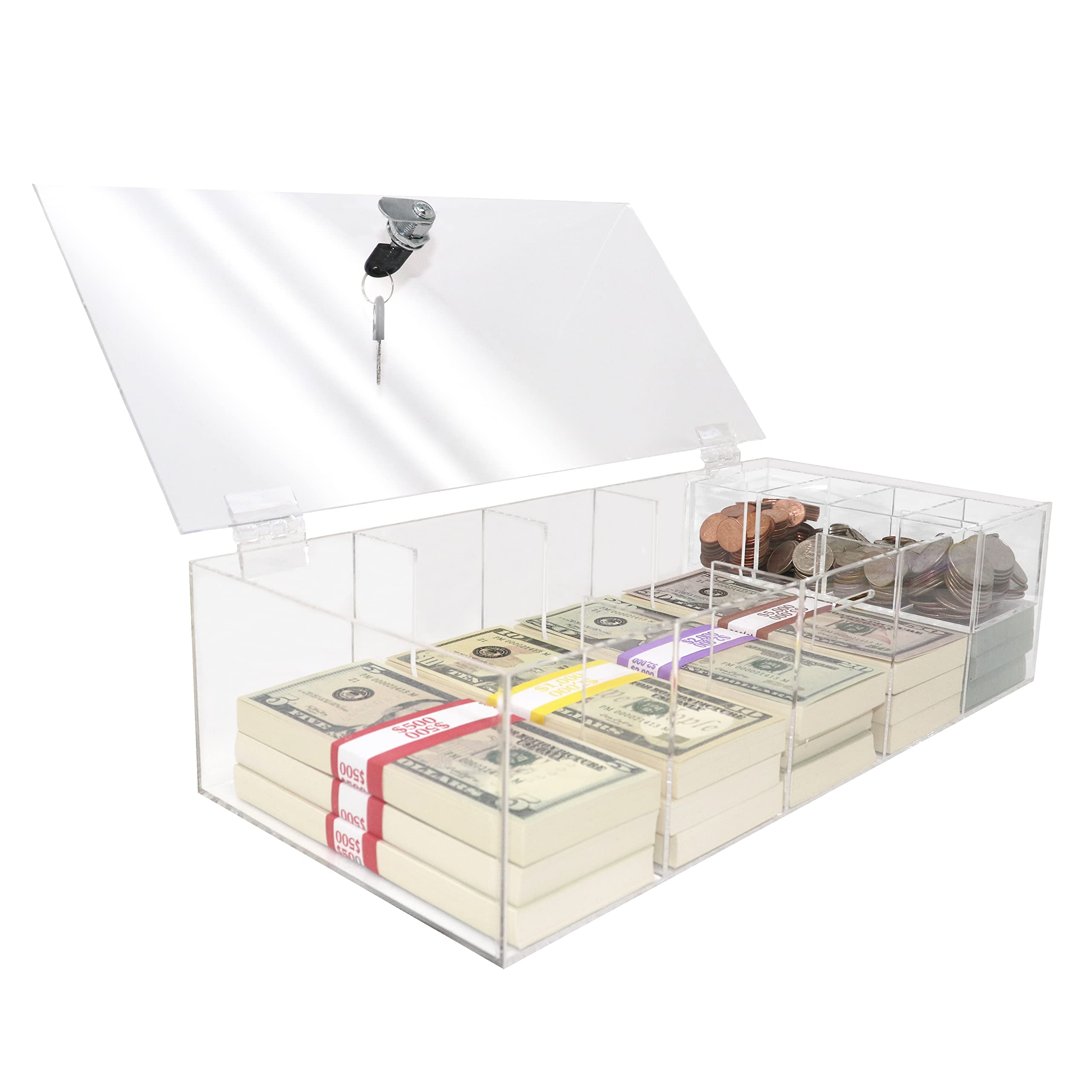 Clear Currency Tray, 5 Compartment Cash Organizer Money Storage Box, 300 Currency Wrappers Included