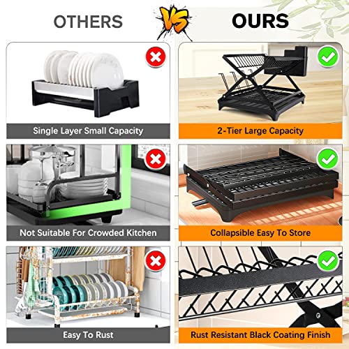 COALA HOLA Collapsible Dish Drying Rack 2 Tier Dish Drainers for Kitchen Counter with Folding Drainboard, Swivel Spout Cup Holder Utensil Knife Holder Stainless Steel -Black