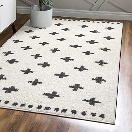 JONATHAN Y MOH403A-5 Cristo Berber Geometric Shag Indoor Area-Rug Bohemian Contemporary Easy-Cleaning Bedroom Kitchen Living Room Non Shedding, 5 X 8, White/Black