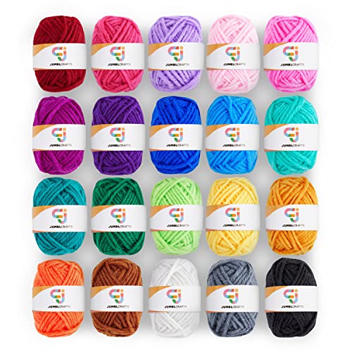 JumblCrafts 20ct Acrylic Yarn Set. Fun-Sized Skein Starter Kit for Knitting, Crocheting, and Other Activities. 100% Acrylic, Machine, Washable, Bright Colors. Great for Beginners and Experts