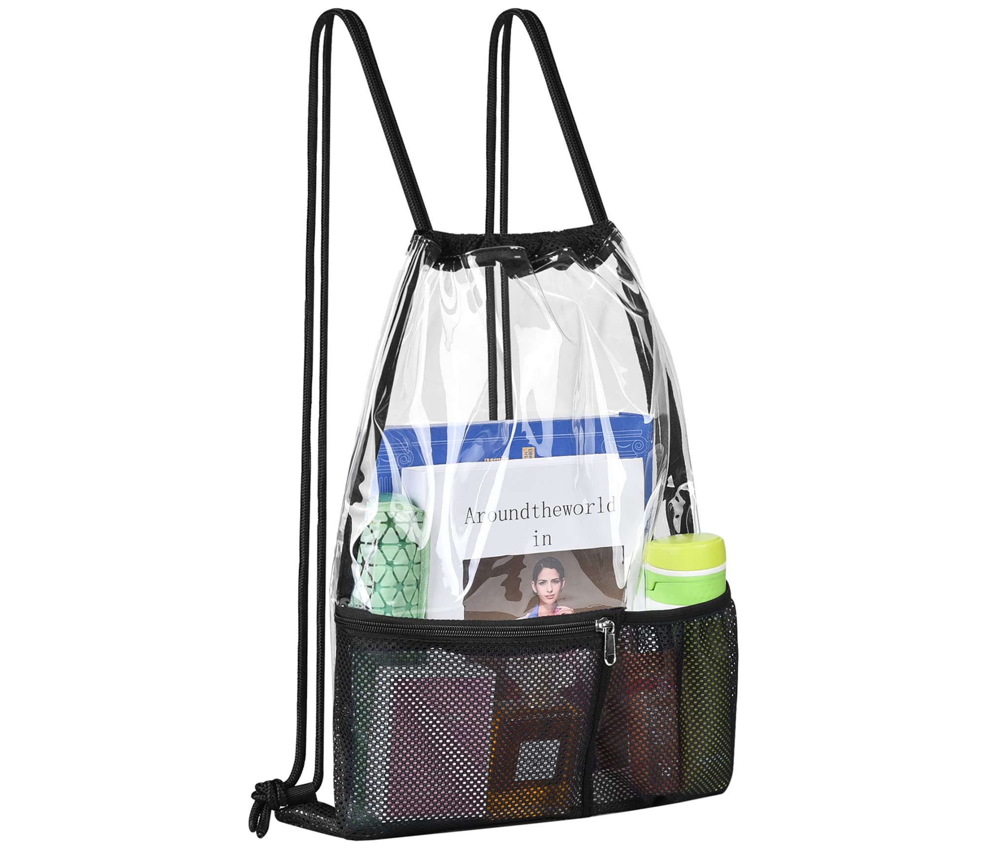 Clear Drawstring Bag Large PVC Drawstring Backpack with Bottle Holder and Front Zipper Mesh Pocket for Sporting Beach Swimming (Black)