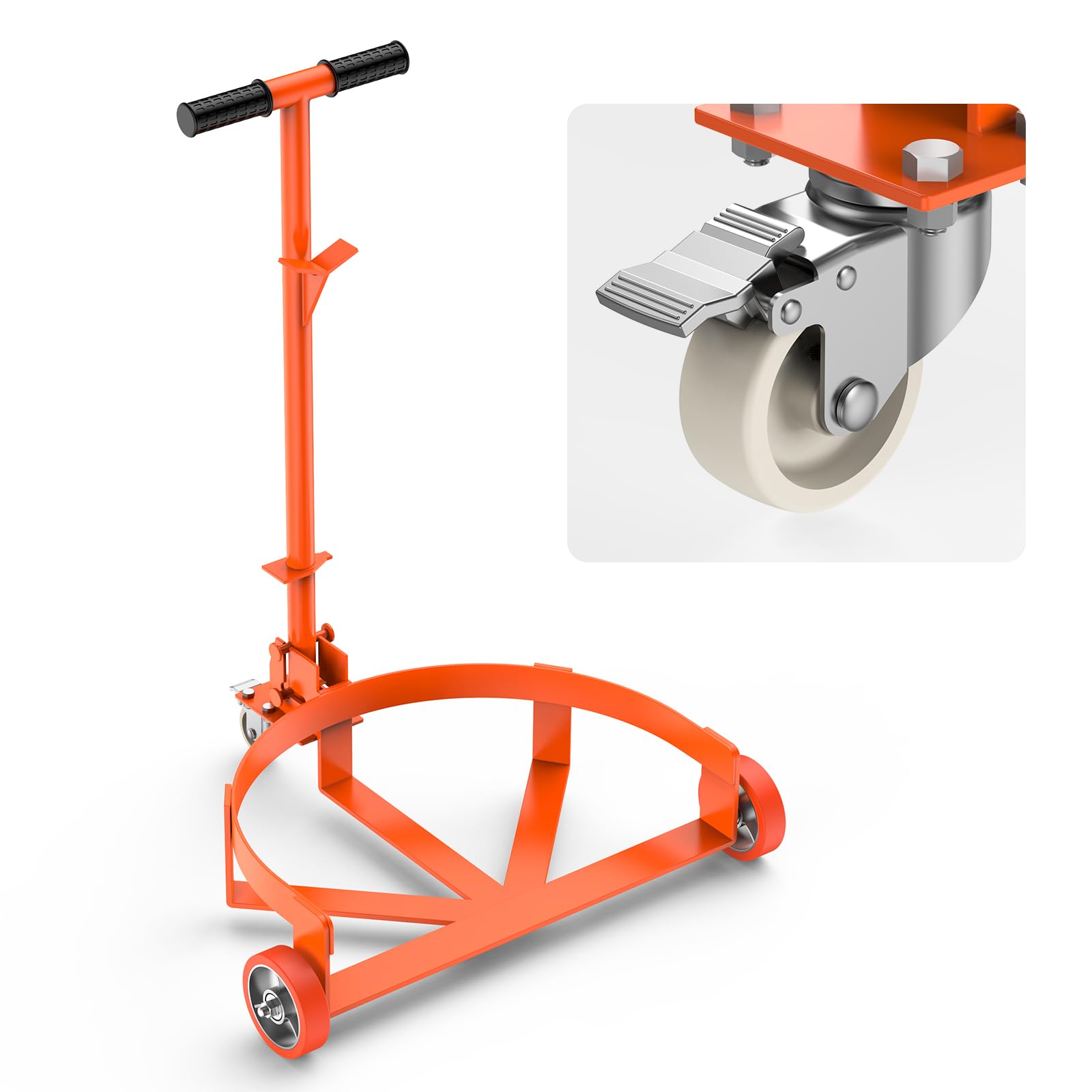Heavy Duty Drum Dolly,55 Gallon Barrel Dolly with 3 Poly-on-Steel Wheels with Brake, 1000 LBS Capacity Trash Can Dolly with Handle, Orange Steel Frame Dolly