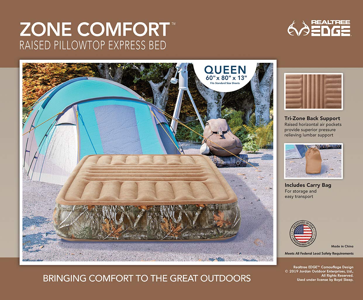 Camouflage Outdoor Sport Camping Tri-Zone Air Mattress with Express Pump, Heavy Duty Vinyl Bed, Queen