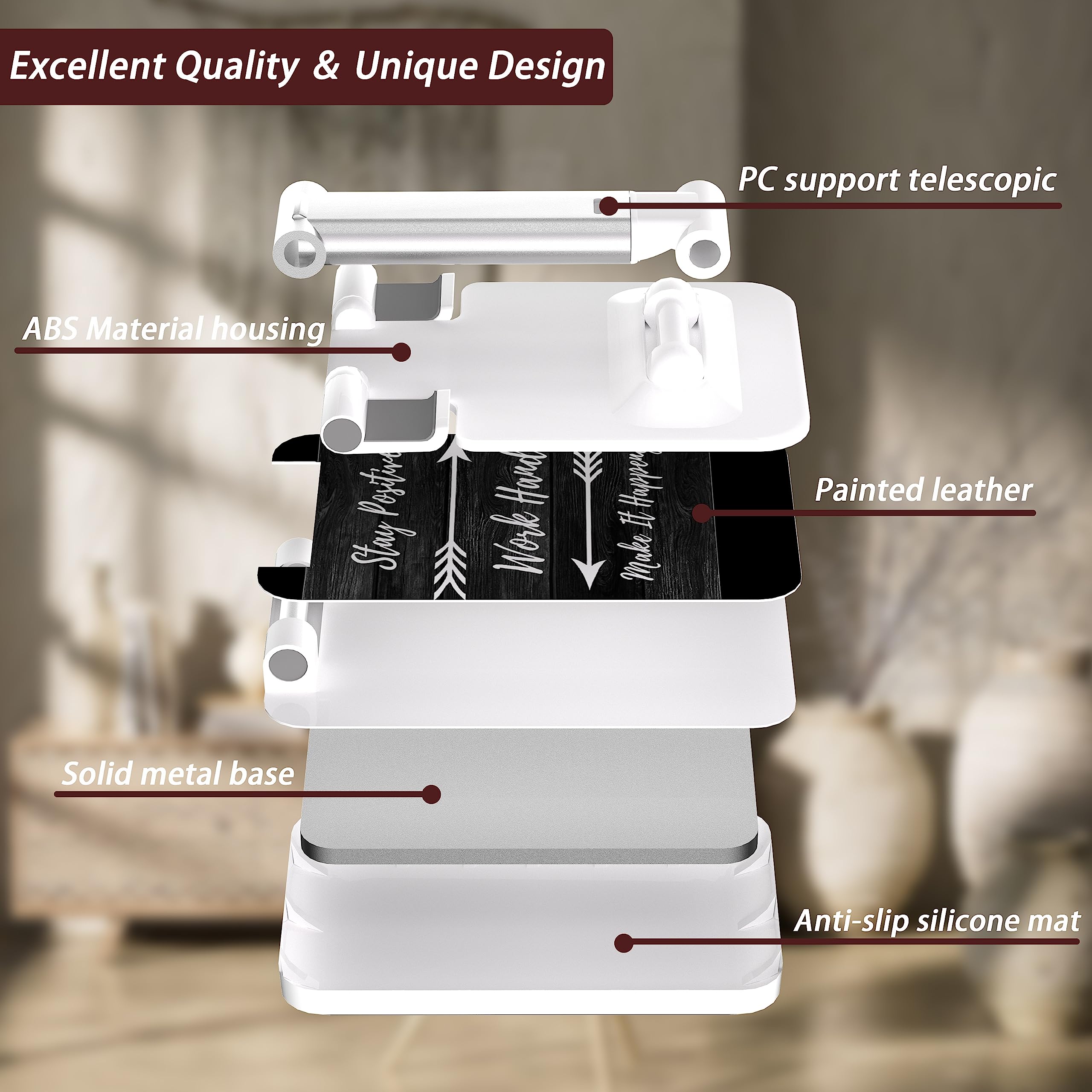 Coaott Cell Phone Stand, Adjustable Phone Stand for Desk with Foldable Phone Holder ，Suitable for iPhone Holder、Cell Phone Stand for Desk with Cute Pattern Cell Phone Holder (Work Hard)