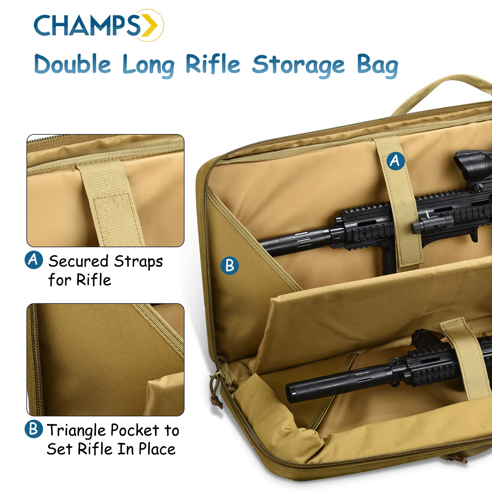 CHAMPS Rifle Case Bag, Double Rifle, Gun Case, Water Resistant & Dust Resistant for Hunting, Range, Sports, Transport [36inch, Khaki]