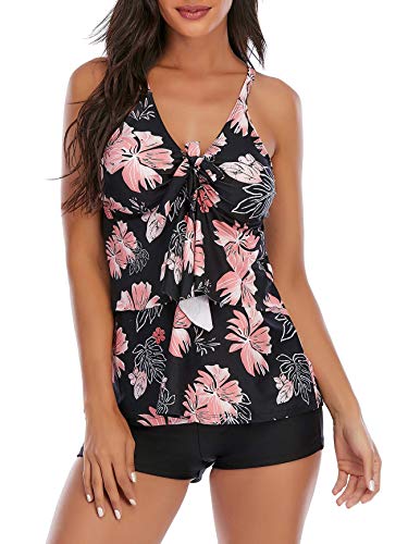 Tankini Swimsuits for Women Two Piece Bathing Suits Floral Print Tank Top with Boyshorts Tummy Control Swimming Suits Pink Print 16-18