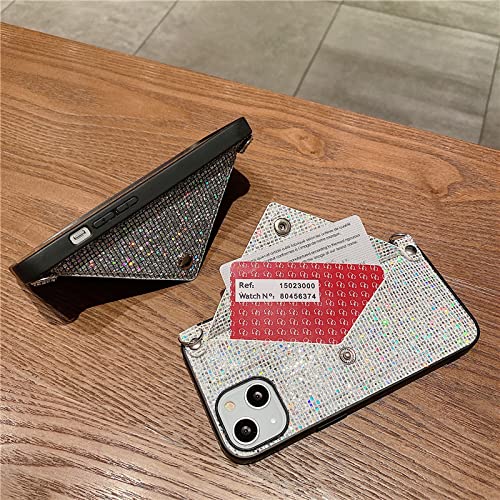 Wow Case Series Compatible with iPhone 13 Pro Max Case 6.7 Inch Released 2021, with Card Holder, Crossbody Chain, Shockproof Protective Bumpers Phone Cover Defender (Glitter Shining White Silver)