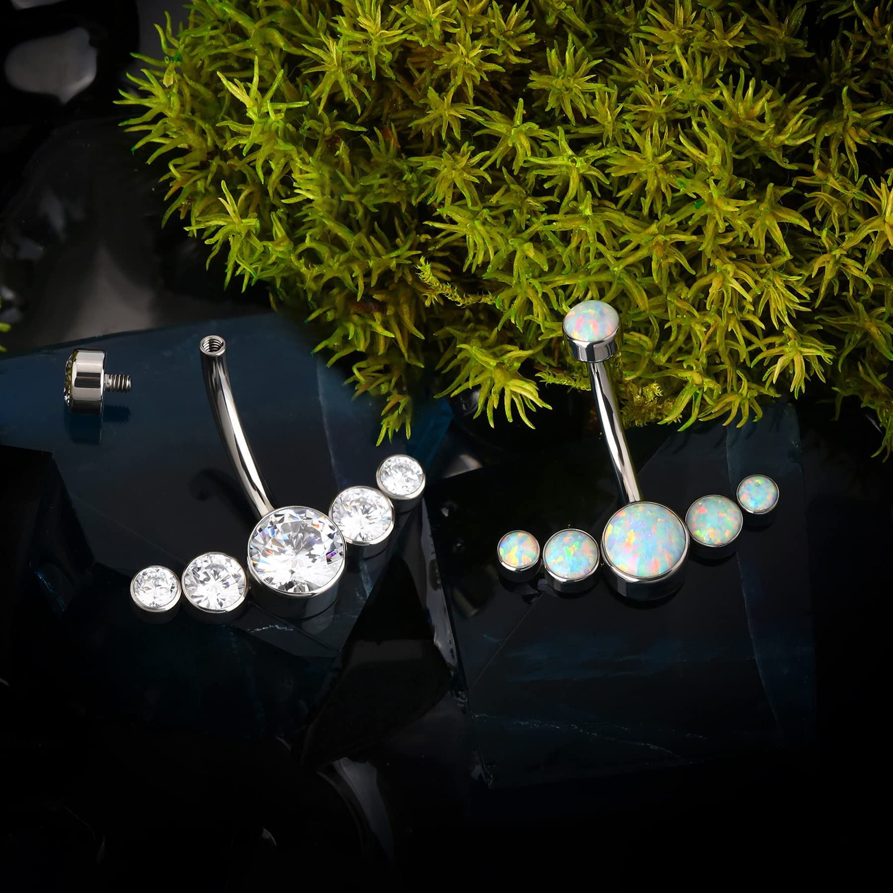 COCHARM G23 Solid Titanium Belly Button Ring 14g Bezel Cluster Opal Belly Rings Dangle Belly Button Rings Surgical Steel for Women Men