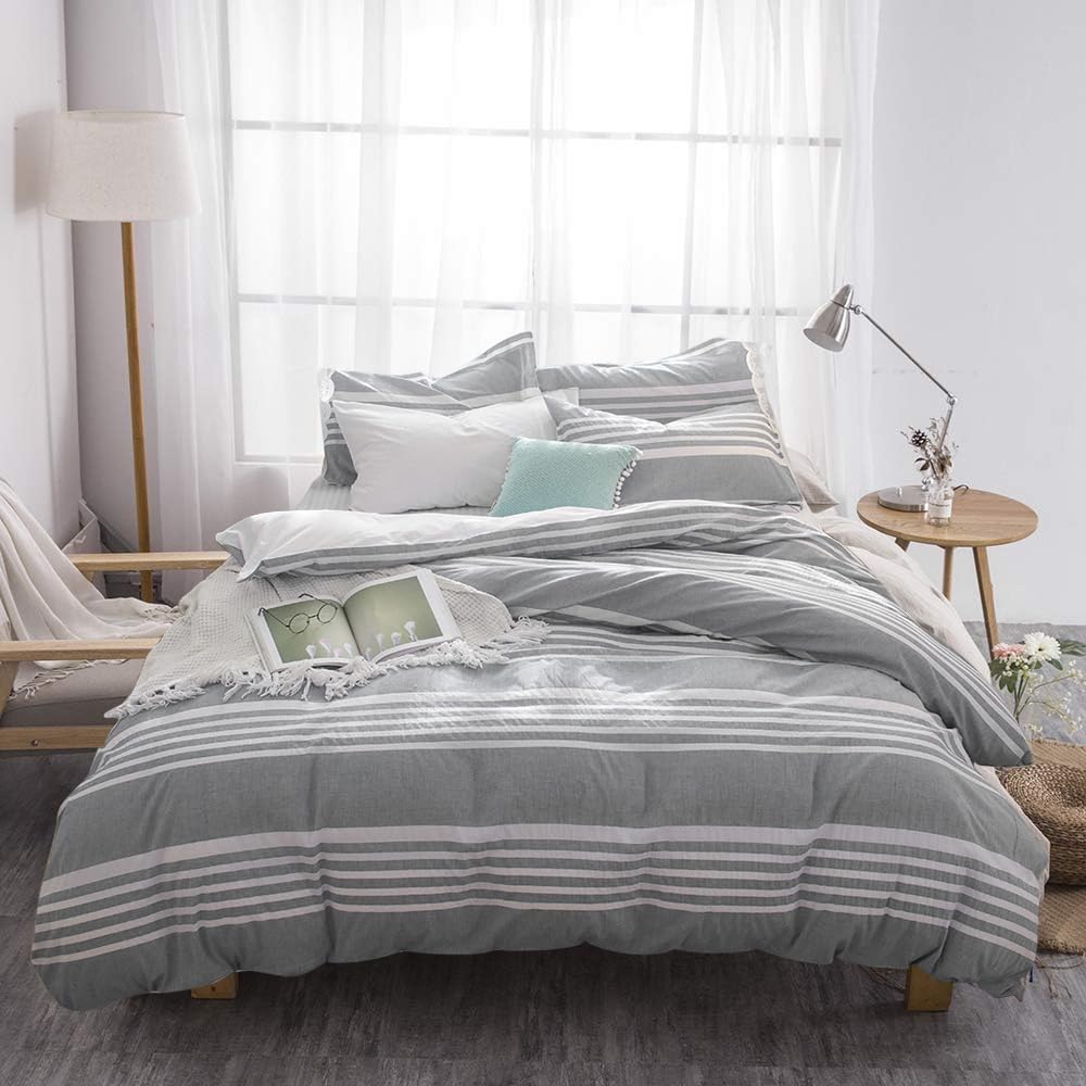 Merryfeel Cotton Duvet Cover Set,100% Cotton Seersucker Stripe Duvet Cover Set, Yarn Dyed Bedding Set,3 Pieces - Full/Queen - Grey
