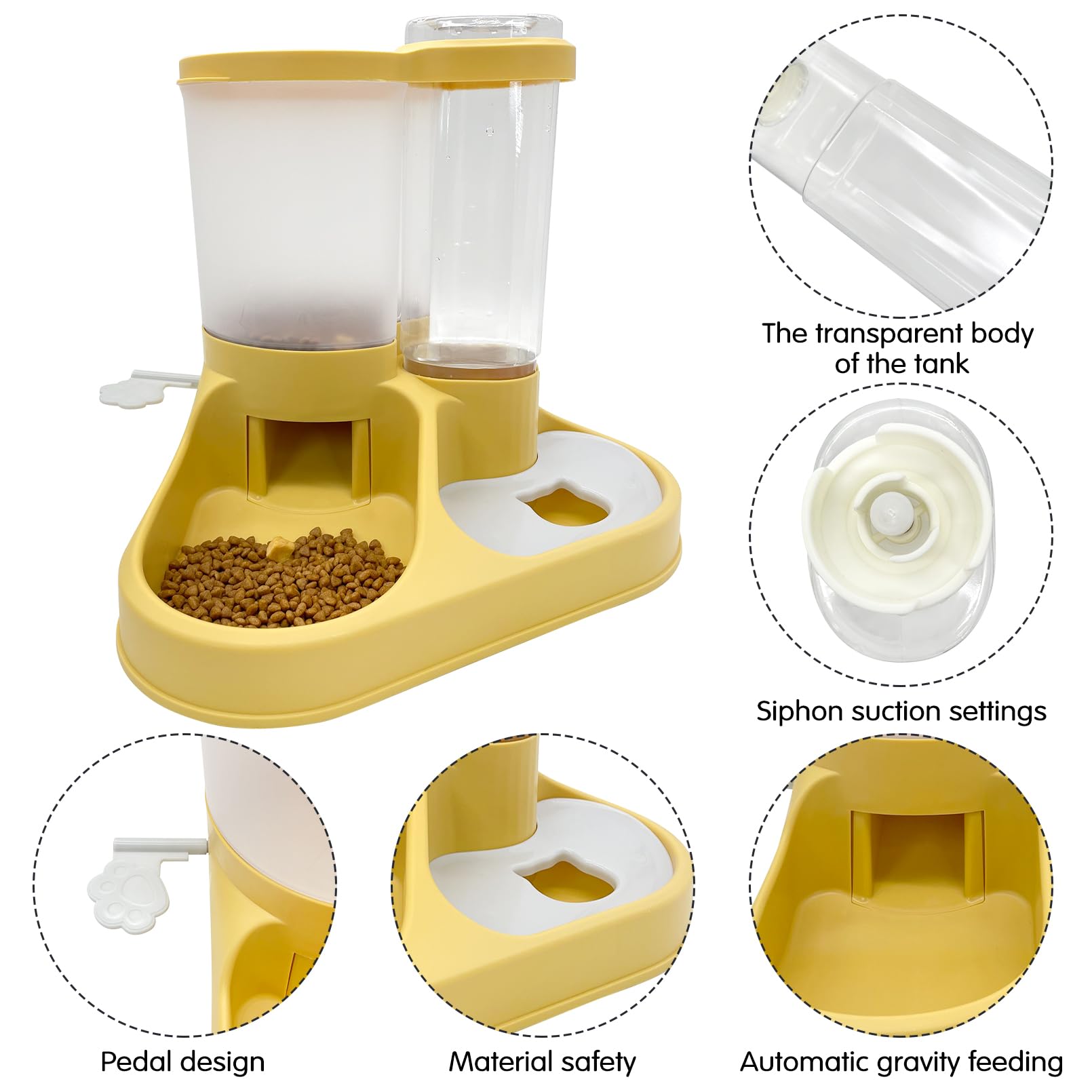 Hamiledyi Gravity Cat Feeder Set, Automatic Pet Food Feeder and Waterer Dispenser 2 in 1 Gravity Pet Food Set Auto Pets Feeder Replenishes Self Feeding Station for Dogs Cats (Yellow)