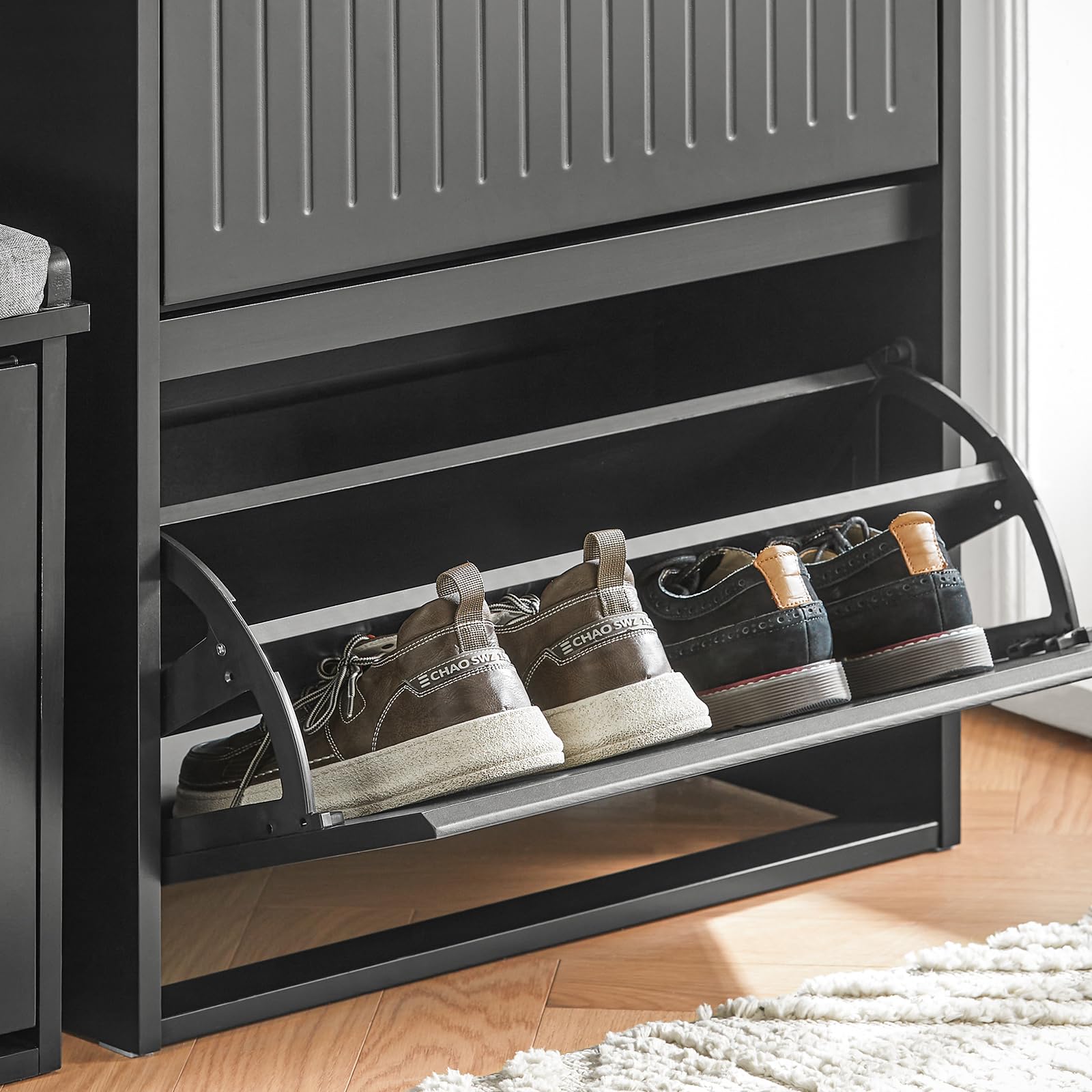 Haotian Shoe Storage Cabinet with 2 Flip-Drawers, Freestanding Shoe Organizer for Entryway, Narrow Hallway Shoe Rack, Black