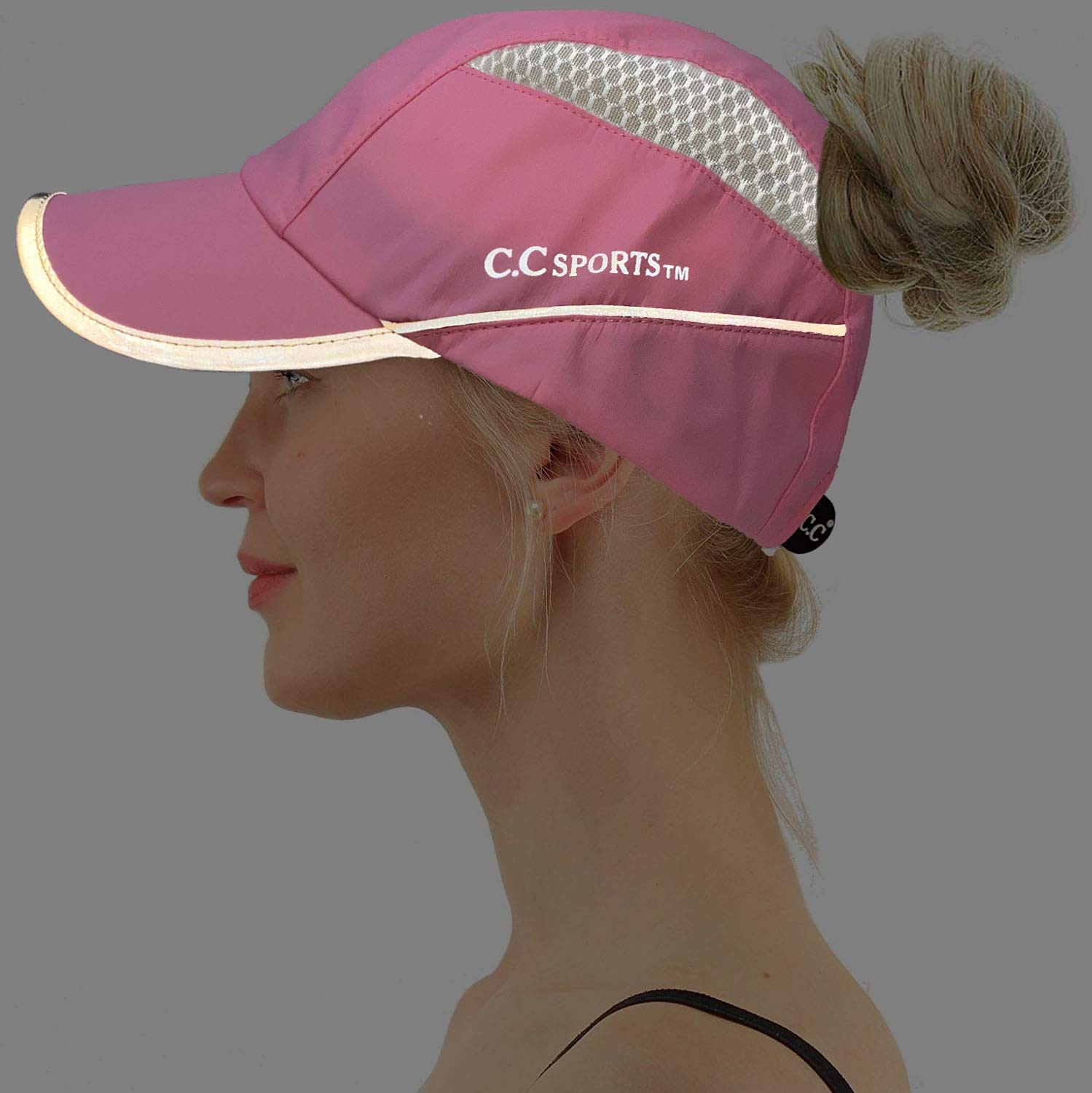 C.C Sports Active Ponytail Messy Buns Ponycaps Baseball Visor Cap Dad Hat (Pink/White)