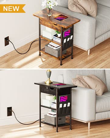 TARKARI Side Table end Table with Charging Station Living Room Narrow end Tables with Storage Bedside Table Flip Top Night Stand USB Ports and outlets Sofa Couch Table for Small Spaces