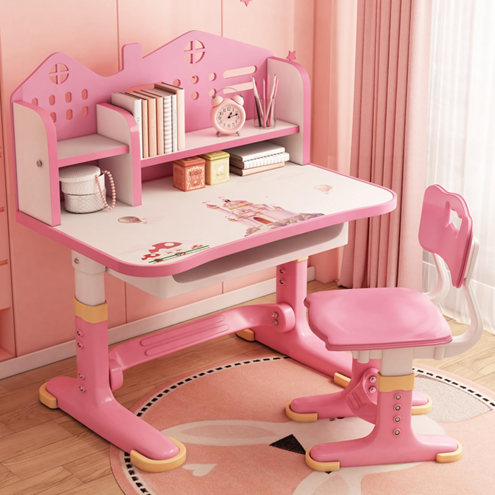 Ehozirta Kids Functional Desk Chair Set,Kids Desk and Chair Set, Height Adjustable Children School Study Desk with Castle Backboard, Widened Desktop, Bookstand and Storage Drawer (Pink)