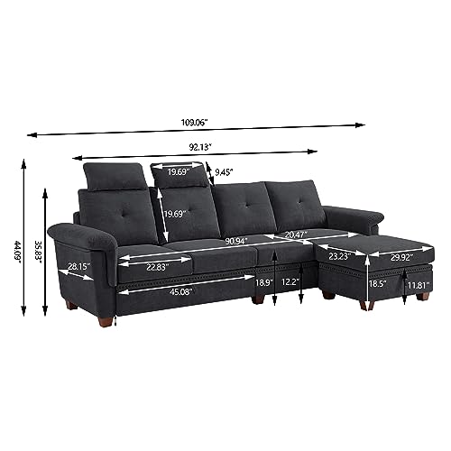Jarenie Sectional Sofa with Storage and Cupholder, 4 Seat L Shaped Couch with Reversible Ottoman, Wooden Legs, Upholstered Fabric Sofa Couches for Living Room, Apartment, Office (Dark Grey)