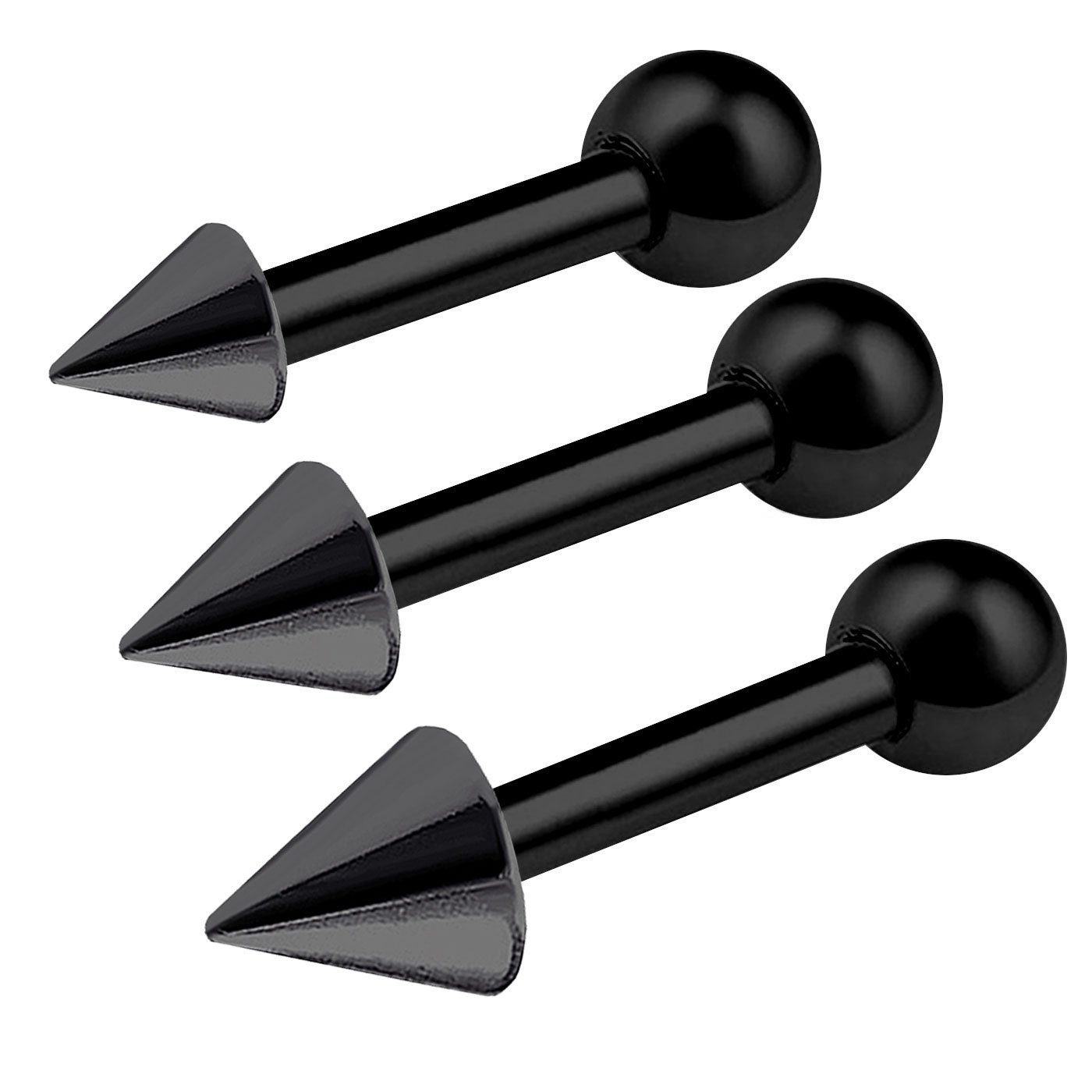 bodyjewellery 3pcs 16g 1/4 Barbell Cartilage Earring Vertical Tragus Ear Lobe Stud Triple Forward Helix black Anodized Steel Spike
