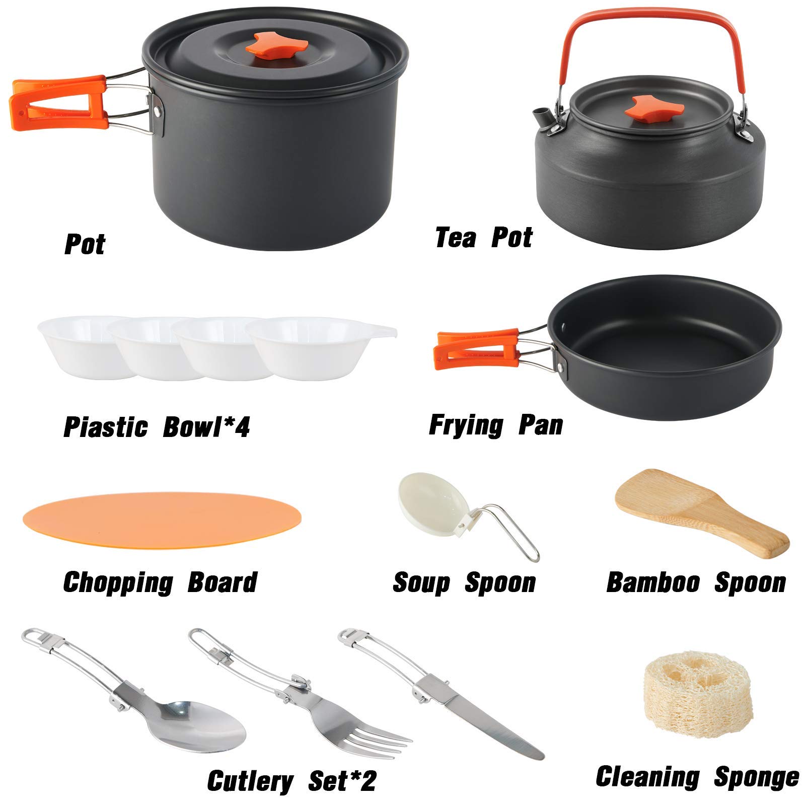 Camp Cookware Set, MEETSUN 17 Piece Camping Cookware 4 Person High Capacity Camping Gear and Equipment with Camping Pot Camping Coffee Pot Chopping Board Folding Knife and Fork Set for Outdoor