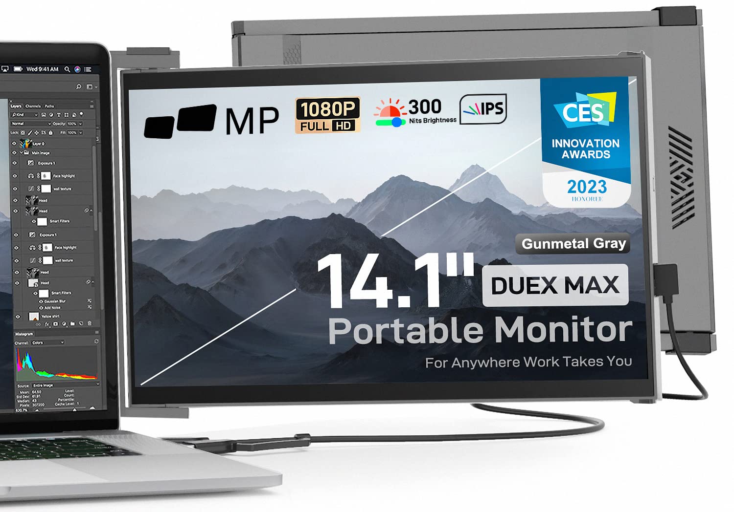 New Mobile Pixels Duex Max 14.1" Portable Monitor, Full HD 1080P IPS Auto Rotated Laptop Screen Extender, USB A/Type-C USB Powered Plug and Play, Windows/Mac/Android/Switch Compatible (Gunmetal Grey)