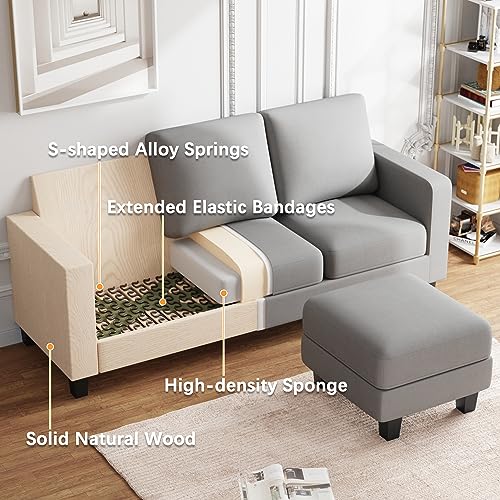 Furniwell Convertible Sectional Sofa Couch, L Shaped 3-Seat Small Couch for Living Room with Ottoman Modern Fabric Reversible Chaise for Apartment and Small Space(Light Gray)