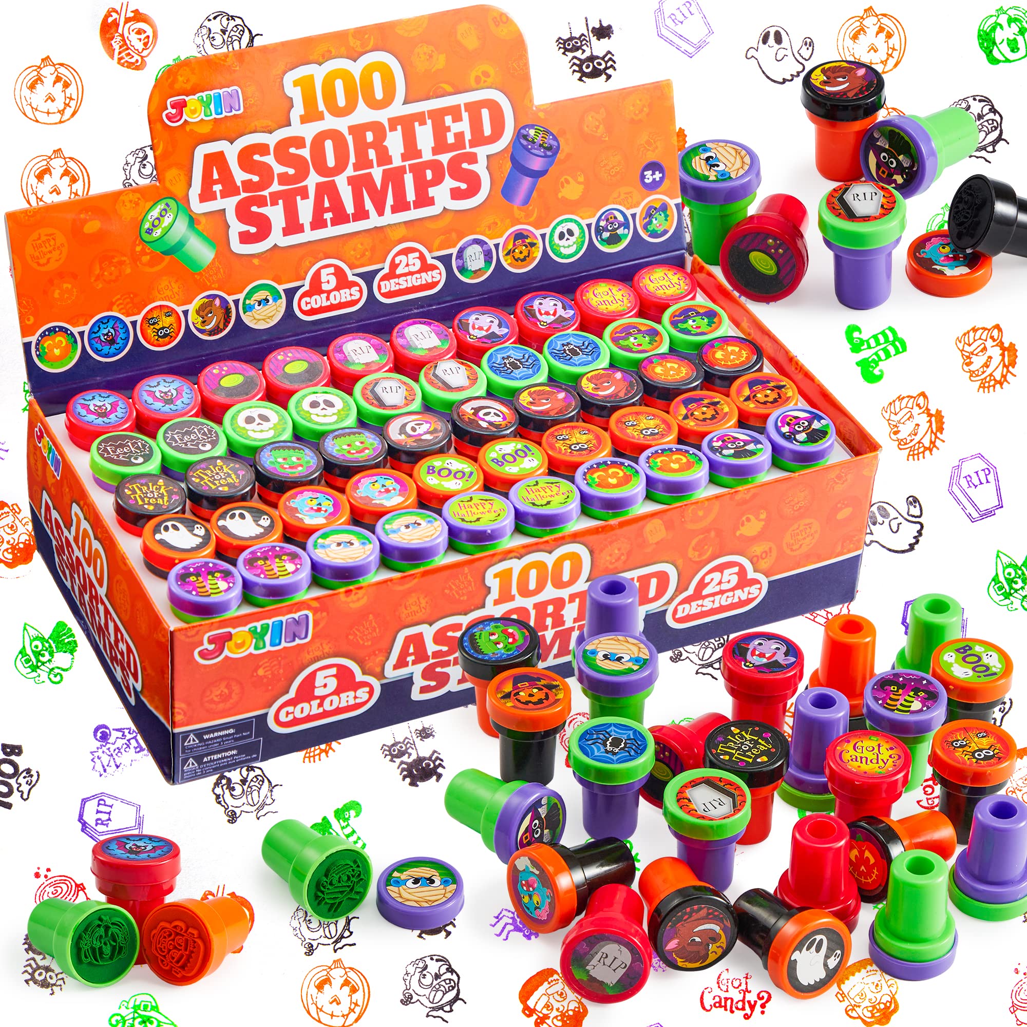 JOYIN 100 Pieces Halloween Assorted Stampers Kids Self-Ink Stamps (25 Designs, 5 Colors Trick or Treat Spooky Stamps) for Halloween Party Supplies, Goodies Bags, Classroom Game Reward Prizes