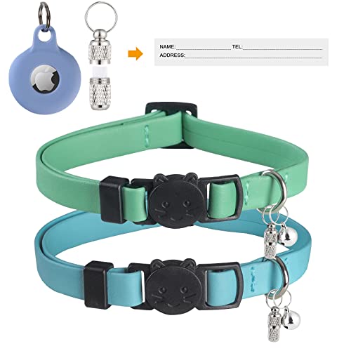 WROSWT Leather Cat Collar,2 Pack Breakaway Safety Buckle Collar with Name Tag and Airtag Case,Adjustable for Girl Boy Kitten (Blue + Green)