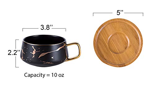 Jusalpha 10 oz Golden Hand Print Tea Cup And Saucer Set/Coffee Cup And Bamboo Saucer Set TCS19 (Black)