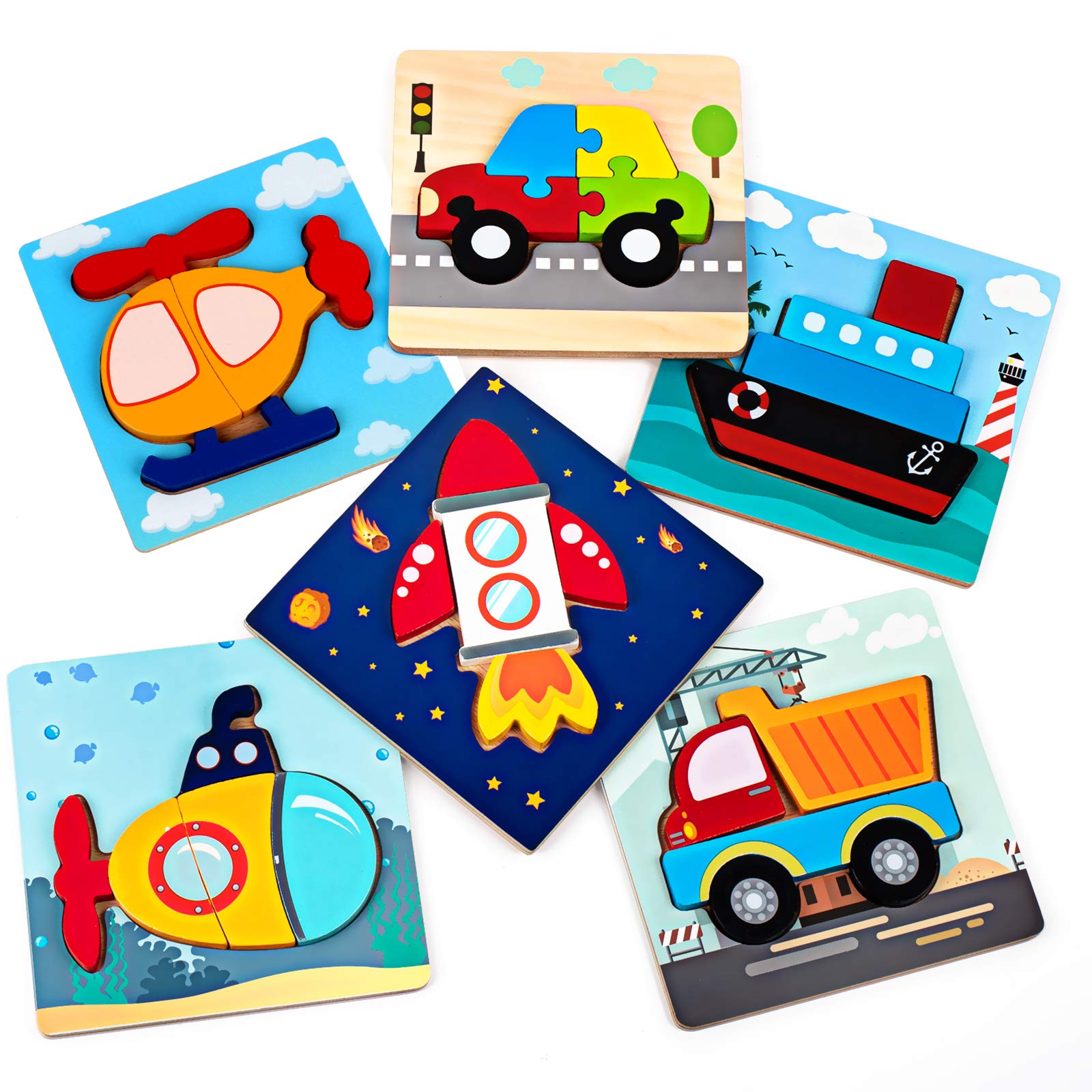 SYNARRY Wooden Vehicle Puzzles for 3 4 5 Years Old Boys Girls, Puzzles for Toddlers 2-4, Montessori Educational Toys Gifts with 6 Vehicles Transportation Puzzles, Vibrant Color Shapes